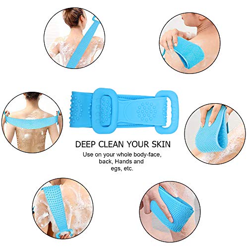 Silicone Bath Body Brush, Exfoliating Silicone Body Back Scrubber, Deep Clean Back Acne & Bacne, Extra Long and Super Soft, Suitable for Women ＆ Men (Blue)