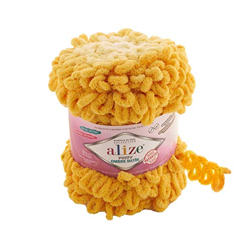 Alize Puffy Ombre Batik Yarn 1 SKEİN 600 GR 61 YDS Micropolyester Big Skein Baby Blankie Velvet Yarn Easy Knitting Looped Yarn fingerknitting, No Hook No Needle Chunky (7417)