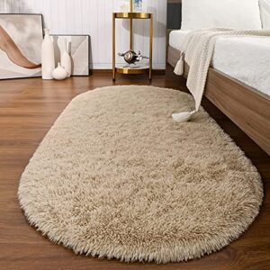 softlife fluffy rugs for bedroom, shag cute area rug for girls and kids baby room home decor, 2.6 x 5.3 feet oval indoor carpet for nursery dorm living room, camel