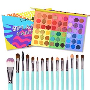 ucanbe 54 colors splashy candies eyeshadow palette + 15pcs makeup brush set, highly pigment matte metallic shimmer glitter eye shadow bright color long lasting waterproof easy blending make up pallet