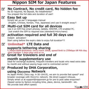 Nippon SIM for Japan (Unlimited* Edition) 33days 4G-LTE Data Docomo Network, Genuine Docomo 3-in-1 Data SIM (No Voice/SMS) Supports tethering, Japan Local Supports, 短期帰国・短期来日最適 メーカーサポートより安心