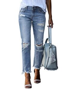 sidefeel women distressed raw hem washed jeans ripped slim fit denim pants medium sky blue