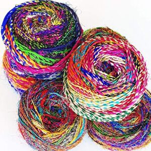 Revolution Fibers Recycled Sari Silk Yarn, Multi-Color Pure Silk Yarn, Made from Handspun Used Sari Fabric Ribbon Scraps, Rainbow Yarn for Knitting, Weaving & Crocheting 100 Grams per Ball (1-Ball)