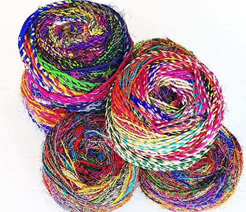 Revolution Fibers Recycled Sari Silk Yarn, Multi-Color Pure Silk Yarn, Made from Handspun Used Sari Fabric Ribbon Scraps, Rainbow Yarn for Knitting, Weaving & Crocheting 100 Grams per Ball (1-Ball)