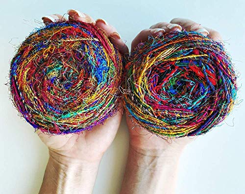 Revolution Fibers Recycled Sari Silk Yarn, Multi-Color Pure Silk Yarn, Made from Handspun Used Sari Fabric Ribbon Scraps, Rainbow Yarn for Knitting, Weaving & Crocheting 100 Grams per Ball (1-Ball)