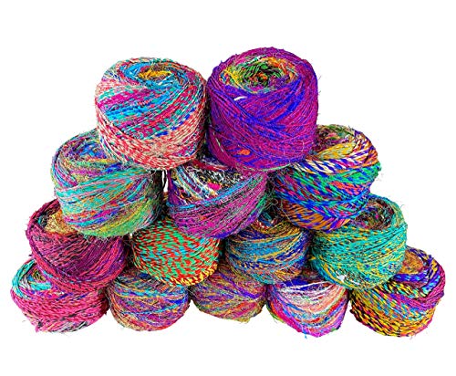 Revolution Fibers Recycled Sari Silk Yarn, Multi-Color Pure Silk Yarn, Made from Handspun Used Sari Fabric Ribbon Scraps, Rainbow Yarn for Knitting, Weaving & Crocheting 100 Grams per Ball (1-Ball)