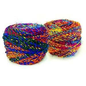 Revolution Fibers Recycled Sari Silk Yarn, Multi-Color Pure Silk Yarn, Made from Handspun Used Sari Fabric Ribbon Scraps, Rainbow Yarn for Knitting, Weaving & Crocheting 100 Grams per Ball (1-Ball)