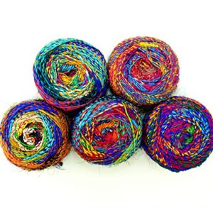 Revolution Fibers Recycled Sari Silk Yarn, Multi-Color Pure Silk Yarn, Made from Handspun Used Sari Fabric Ribbon Scraps, Rainbow Yarn for Knitting, Weaving & Crocheting 100 Grams per Ball (1-Ball)