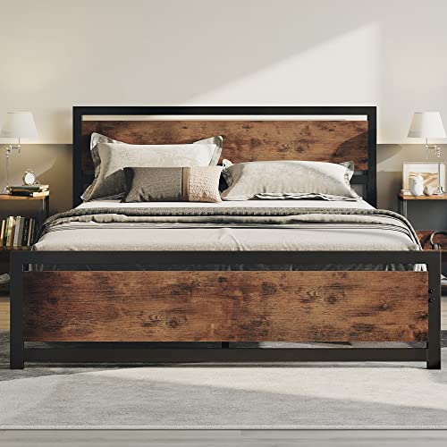 LIKIMIO Industrial Queen Bed Frame with Headboard and Footboard, Strong 4 U-Shaped Support & 2 Independent Support Rods & 9 Legs, Noise-Free, No Box Spring Needed