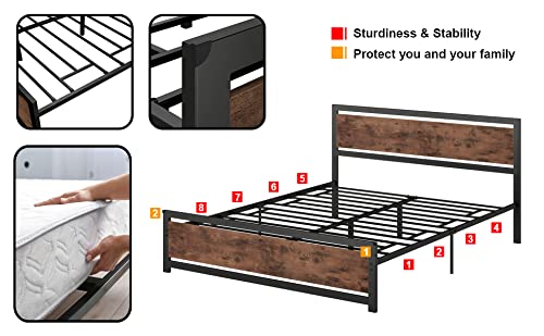 LIKIMIO Industrial Queen Bed Frame with Headboard and Footboard, Strong 4 U-Shaped Support & 2 Independent Support Rods & 9 Legs, Noise-Free, No Box Spring Needed