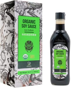 soeos organic low sodium soy sauce 16.2oz (480ml), usda organic, naturally brewed soy sauce, soy sauce organic, dark soy sauce, pure ingredients, marinade for meat & vegetables., black