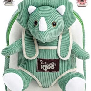 Naturally KIDS Small Dinosaur Backpack Dinosaur Toys for Kids 3-5 - Dinosaur Toys for 3 4 5 6 7 Year Old Girls Gift - Toddler Backpack for Boys Girl - Green Triceratops - Dinosaur Plush Stuffed Animal