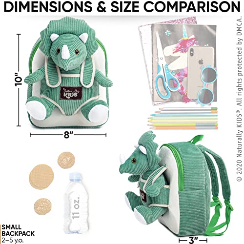 Naturally KIDS Small Dinosaur Backpack Dinosaur Toys for Kids 3-5 - Dinosaur Toys for 3 4 5 6 7 Year Old Girls Gift - Toddler Backpack for Boys Girl - Green Triceratops - Dinosaur Plush Stuffed Animal