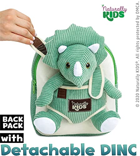 Naturally KIDS Small Dinosaur Backpack Dinosaur Toys for Kids 3-5 - Dinosaur Toys for 3 4 5 6 7 Year Old Girls Gift - Toddler Backpack for Boys Girl - Green Triceratops - Dinosaur Plush Stuffed Animal