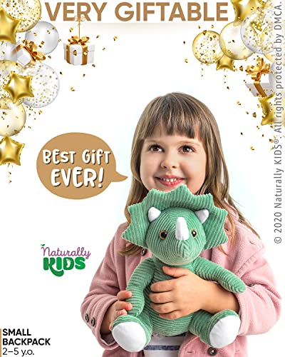 Naturally KIDS Small Dinosaur Backpack Dinosaur Toys for Kids 3-5 - Dinosaur Toys for 3 4 5 6 7 Year Old Girls Gift - Toddler Backpack for Boys Girl - Green Triceratops - Dinosaur Plush Stuffed Animal