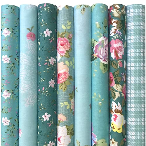 Mililanyo 8Pcs 18x22 inch Cotton Fabric Green Floral Rose Fat Quarters Fabric Pre-Cut Quilt Squares for Patchwork Quilting and DIY Sewing Projects