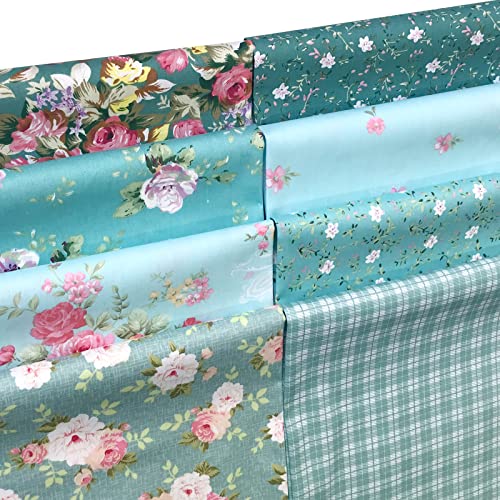 Mililanyo 8Pcs 18x22 inch Cotton Fabric Green Floral Rose Fat Quarters Fabric Pre-Cut Quilt Squares for Patchwork Quilting and DIY Sewing Projects