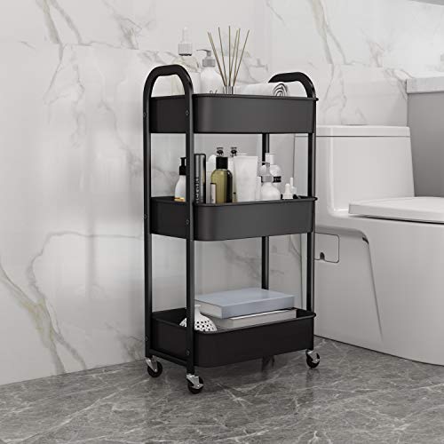 3-Tier Rolling Utility Cart with Caster Wheels,Easy Assembly, for Kitchen, Bathroom (Black)