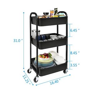 3-Tier Rolling Utility Cart with Caster Wheels,Easy Assembly, for Kitchen, Bathroom (Black)