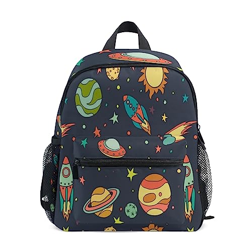 OREZI Cartoon Universe Ufo Planet Rocket Toddler Backpack for Boys Girls,Kid's Backpack Schoolbags for Kindergarten Preschool Toddler Travel Bag Snack Bag With Chest Clip