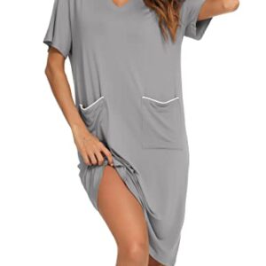 YYA Women's V Neck Nightgowns Short Sleeve Loose Sleepwear with Pocket Comfy Nightshirt Grey