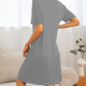 YYA Women's V Neck Nightgowns Short Sleeve Loose Sleepwear with Pocket Comfy Nightshirt Grey