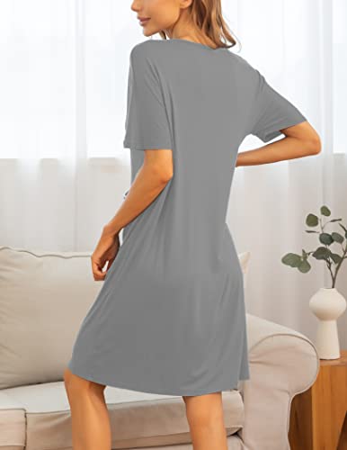 YYA Women's V Neck Nightgowns Short Sleeve Loose Sleepwear with Pocket Comfy Nightshirt Grey