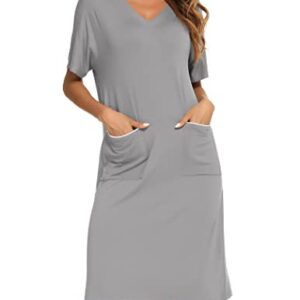 YYA Women's V Neck Nightgowns Short Sleeve Loose Sleepwear with Pocket Comfy Nightshirt Grey