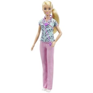 barbie nurse fashion doll with medical tool print top & pink pants, white shoes & stethoscope accessory