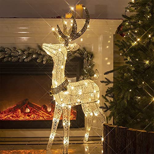 EAMBRITE 48” 70LT Pre-Lit Christmas Glittering Reindeer with Gold Jingle Bell and Twinkle Light Outdoor Holiday Mesh Standing Buck Deer Decorations for Home Lawn Yard Garden Indoor Outdoor Plug in