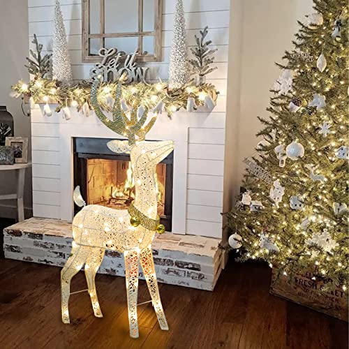 EAMBRITE 48” 70LT Pre-Lit Christmas Glittering Reindeer with Gold Jingle Bell and Twinkle Light Outdoor Holiday Mesh Standing Buck Deer Decorations for Home Lawn Yard Garden Indoor Outdoor Plug in