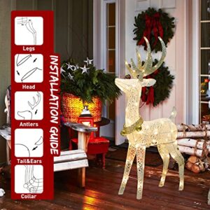 EAMBRITE 48” 70LT Pre-Lit Christmas Glittering Reindeer with Gold Jingle Bell and Twinkle Light Outdoor Holiday Mesh Standing Buck Deer Decorations for Home Lawn Yard Garden Indoor Outdoor Plug in