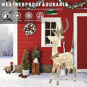 EAMBRITE 48” 70LT Pre-Lit Christmas Glittering Reindeer with Gold Jingle Bell and Twinkle Light Outdoor Holiday Mesh Standing Buck Deer Decorations for Home Lawn Yard Garden Indoor Outdoor Plug in