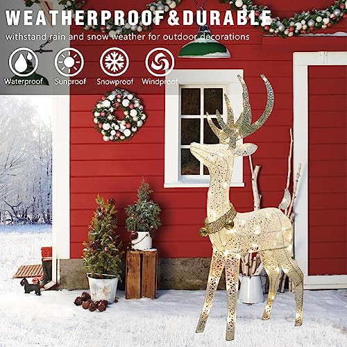 EAMBRITE 48” 70LT Pre-Lit Christmas Glittering Reindeer with Gold Jingle Bell and Twinkle Light Outdoor Holiday Mesh Standing Buck Deer Decorations for Home Lawn Yard Garden Indoor Outdoor Plug in