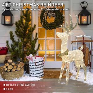 EAMBRITE 48” 70LT Pre-Lit Christmas Glittering Reindeer with Gold Jingle Bell and Twinkle Light Outdoor Holiday Mesh Standing Buck Deer Decorations for Home Lawn Yard Garden Indoor Outdoor Plug in