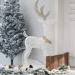 EAMBRITE 48” 70LT Pre-Lit Christmas Glittering Reindeer with Gold Jingle Bell and Twinkle Light Outdoor Holiday Mesh Standing Buck Deer Decorations for Home Lawn Yard Garden Indoor Outdoor Plug in