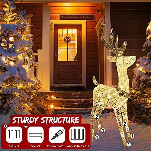 EAMBRITE 48” 70LT Pre-Lit Christmas Glittering Reindeer with Gold Jingle Bell and Twinkle Light Outdoor Holiday Mesh Standing Buck Deer Decorations for Home Lawn Yard Garden Indoor Outdoor Plug in