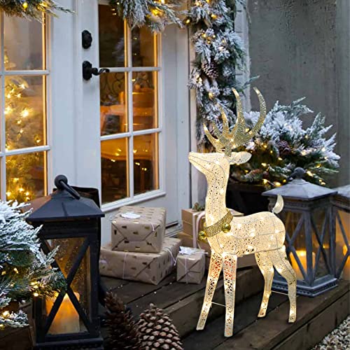 EAMBRITE 48” 70LT Pre-Lit Christmas Glittering Reindeer with Gold Jingle Bell and Twinkle Light Outdoor Holiday Mesh Standing Buck Deer Decorations for Home Lawn Yard Garden Indoor Outdoor Plug in