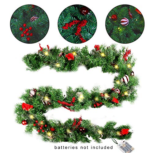 MorTime 9 FT LED Christmas Garland with Pinecones Red Berries Bows Christmas Balls Candies, Multi-Function Christmas Garland with 50 Warm White LED Lights, 180 Branch Tips