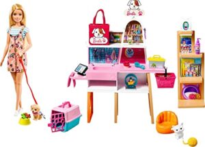 barbie doll and playset, pet boutique with 4 pets, color-change grooming feature and 20+ themed accessories