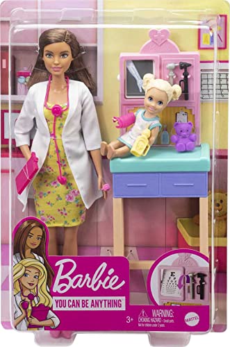 Barbie Careers Doll & Playset, Pediatrician Theme with Brunette Fashion Doll, 1 Patient Doll, Furniture & Accessories,White