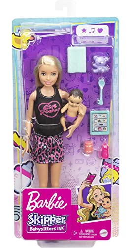 Barbie Skipper Babysitters Inc Doll & Accessories Set with Blonde Doll in 'Girl Power' Top, Baby Doll & 4 Themed Pieces