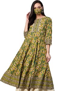 yash gallery printed yoke design cotton anarkali kurta for women indian style green