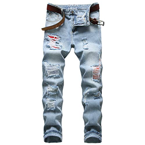 COOSVEN Men Ripped Jeans, Slim Fit Straight Leg, Denim Pants with Holes (Light Blue, 30)