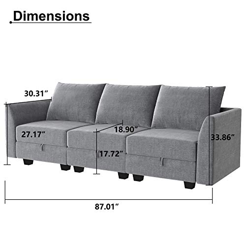 HONBAY Convertible Sectional Sofa Couch with Modern Fabric Modular 3 Seater Sofa for Apartment, Grey