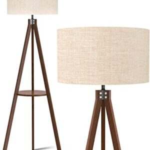 LEPOWER Tripod Floor Lamp, Mid Century Standing Lamp with Shelf, Modern Design Wood Floor Lamps for Living Room, Bedroom, Office, Flaxen Lamp Shade with E26 Lamp Base