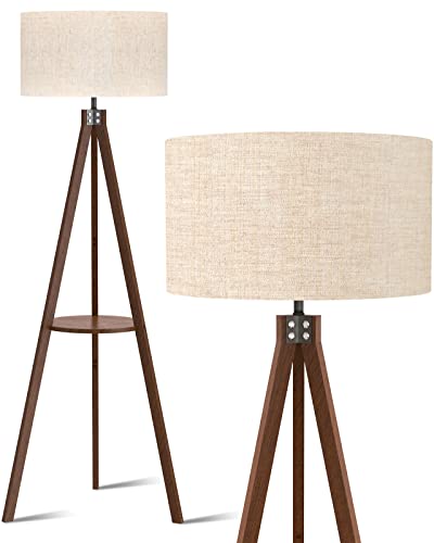 LEPOWER Tripod Floor Lamp, Mid Century Standing Lamp with Shelf, Modern Design Wood Floor Lamps for Living Room, Bedroom, Office, Flaxen Lamp Shade with E26 Lamp Base