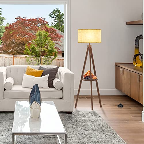 LEPOWER Tripod Floor Lamp, Mid Century Standing Lamp with Shelf, Modern Design Wood Floor Lamps for Living Room, Bedroom, Office, Flaxen Lamp Shade with E26 Lamp Base