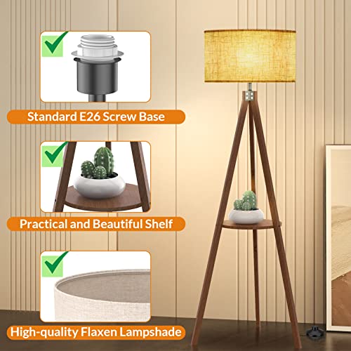 LEPOWER Tripod Floor Lamp, Mid Century Standing Lamp with Shelf, Modern Design Wood Floor Lamps for Living Room, Bedroom, Office, Flaxen Lamp Shade with E26 Lamp Base