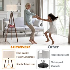 LEPOWER Tripod Floor Lamp, Mid Century Standing Lamp with Shelf, Modern Design Wood Floor Lamps for Living Room, Bedroom, Office, Flaxen Lamp Shade with E26 Lamp Base